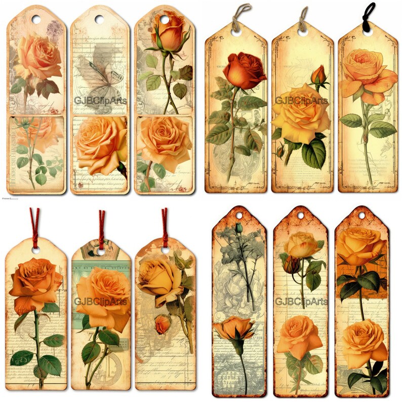 Orange Rose Tag Clipart Beautiful Vintage Tags Antique Paper - Etsy