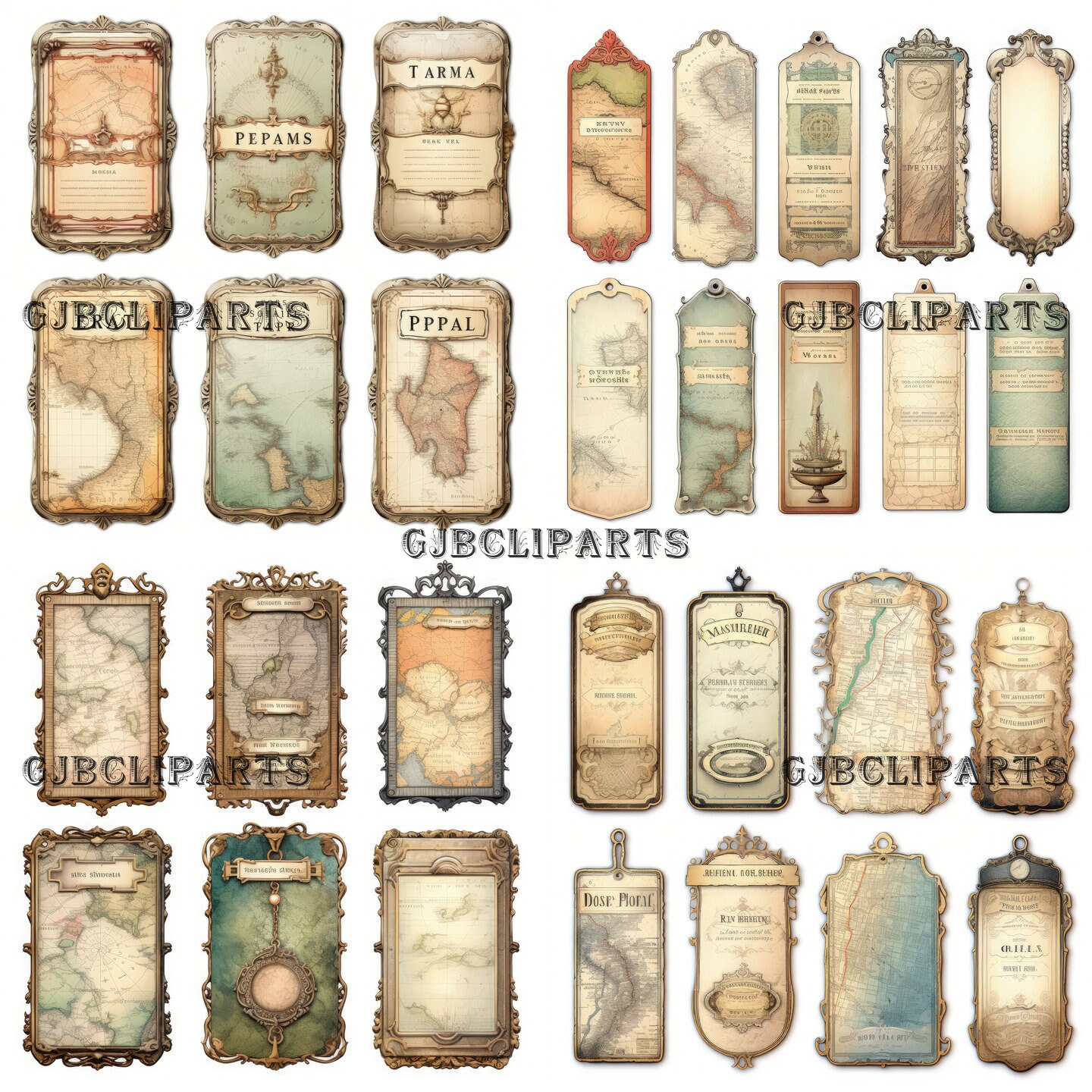 Maps Tall Ornate Labels Clipart, Junk Journal Book Clipart, Vintage ...