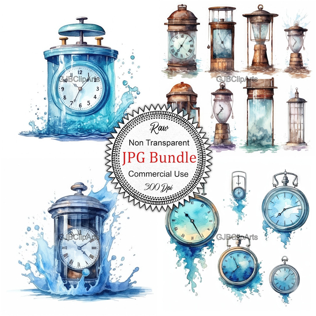 Water Clock Watercolor Clipart, Clock Clipart, Water Clipart, Scrapbook ...