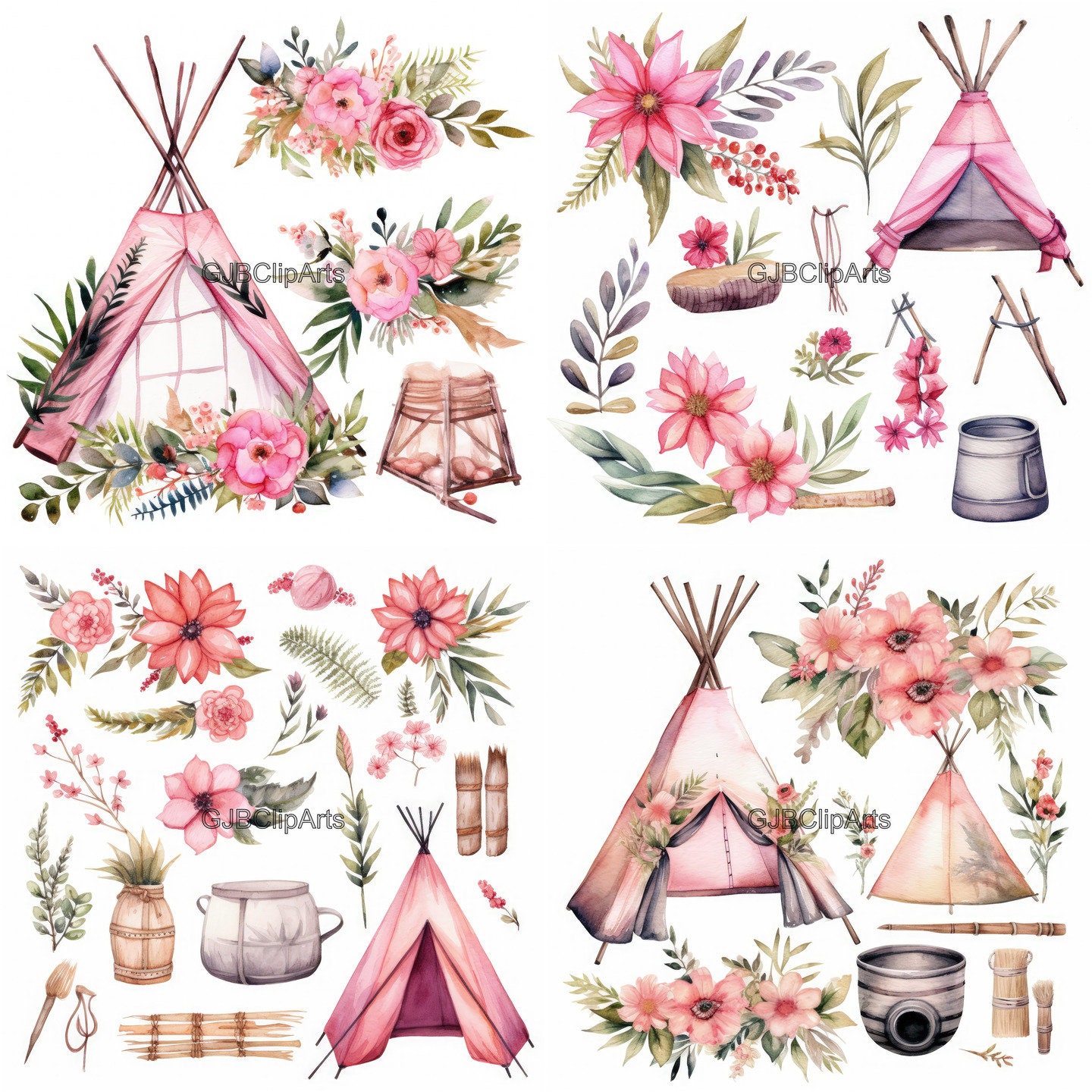 Watercolor Boho Camping Clipart, Journaling Bag, Junk Journals -digital ...