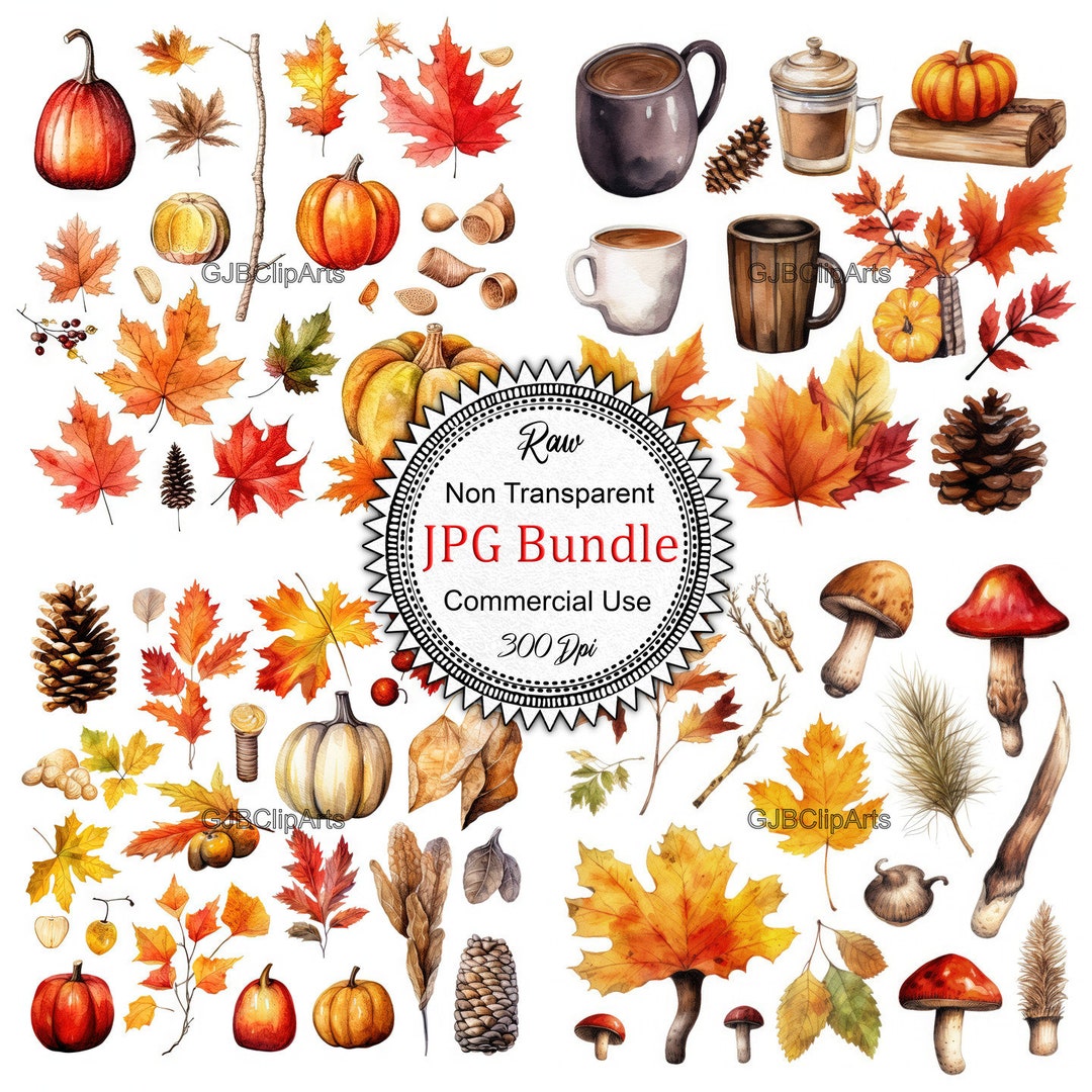 Autumn Themed Watercolor Clipart, Leaf Clipart, Pumpkin Clipart, Junk ...