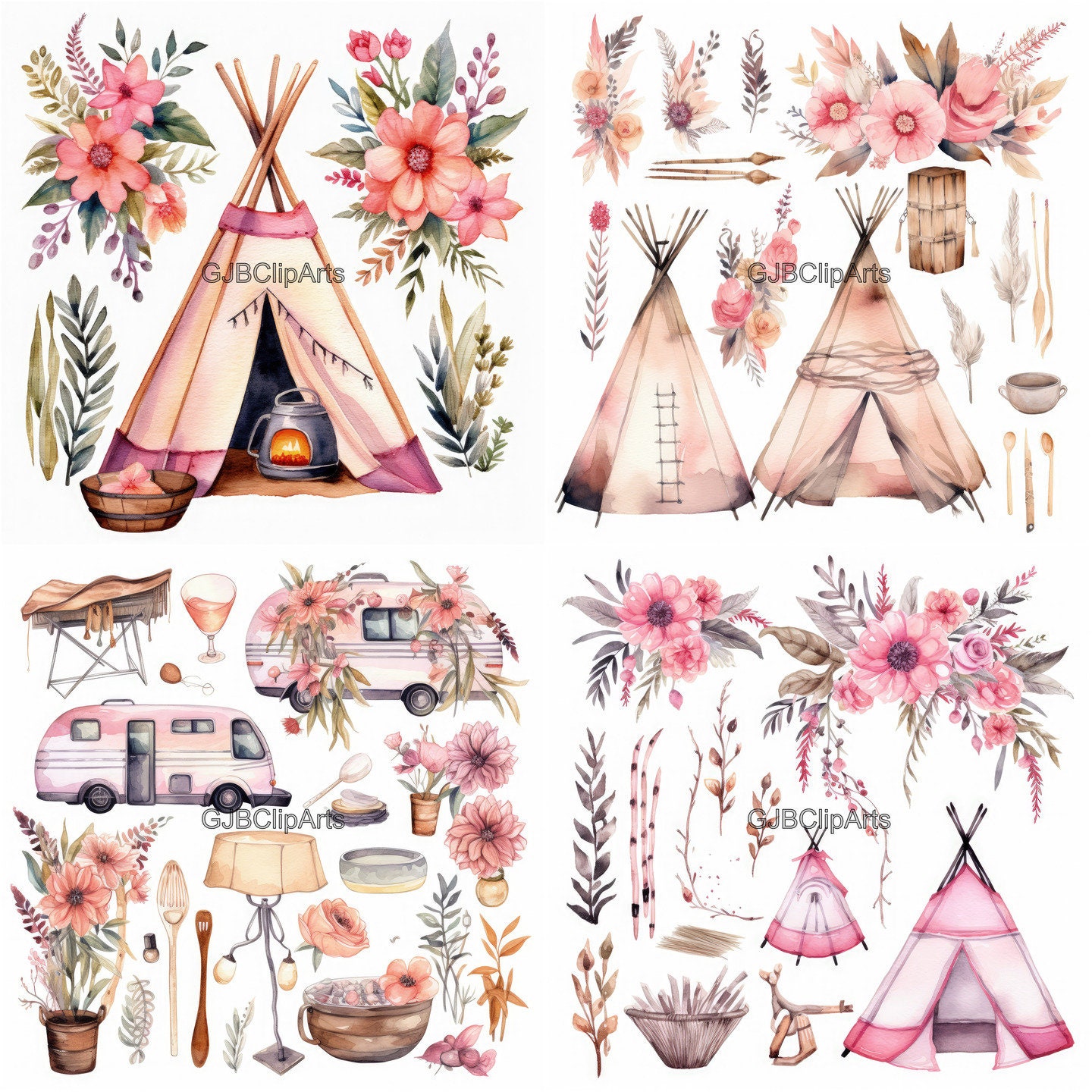 Watercolor Boho Camping Clipart, Journaling Bag, Junk Journals -digital ...
