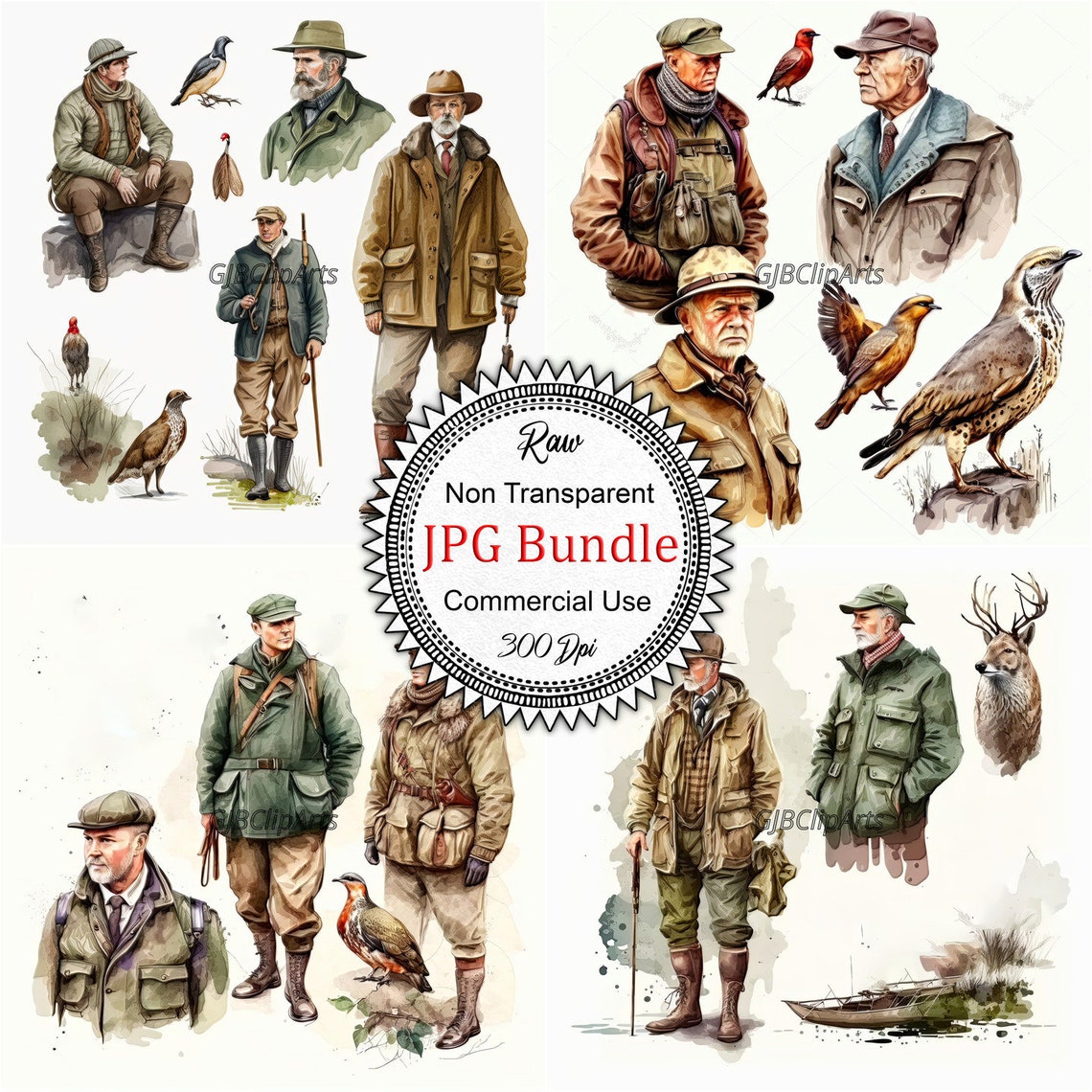 Adventurous Male Hunters Collection Clipart: Watercolor Hunting Scenes ...