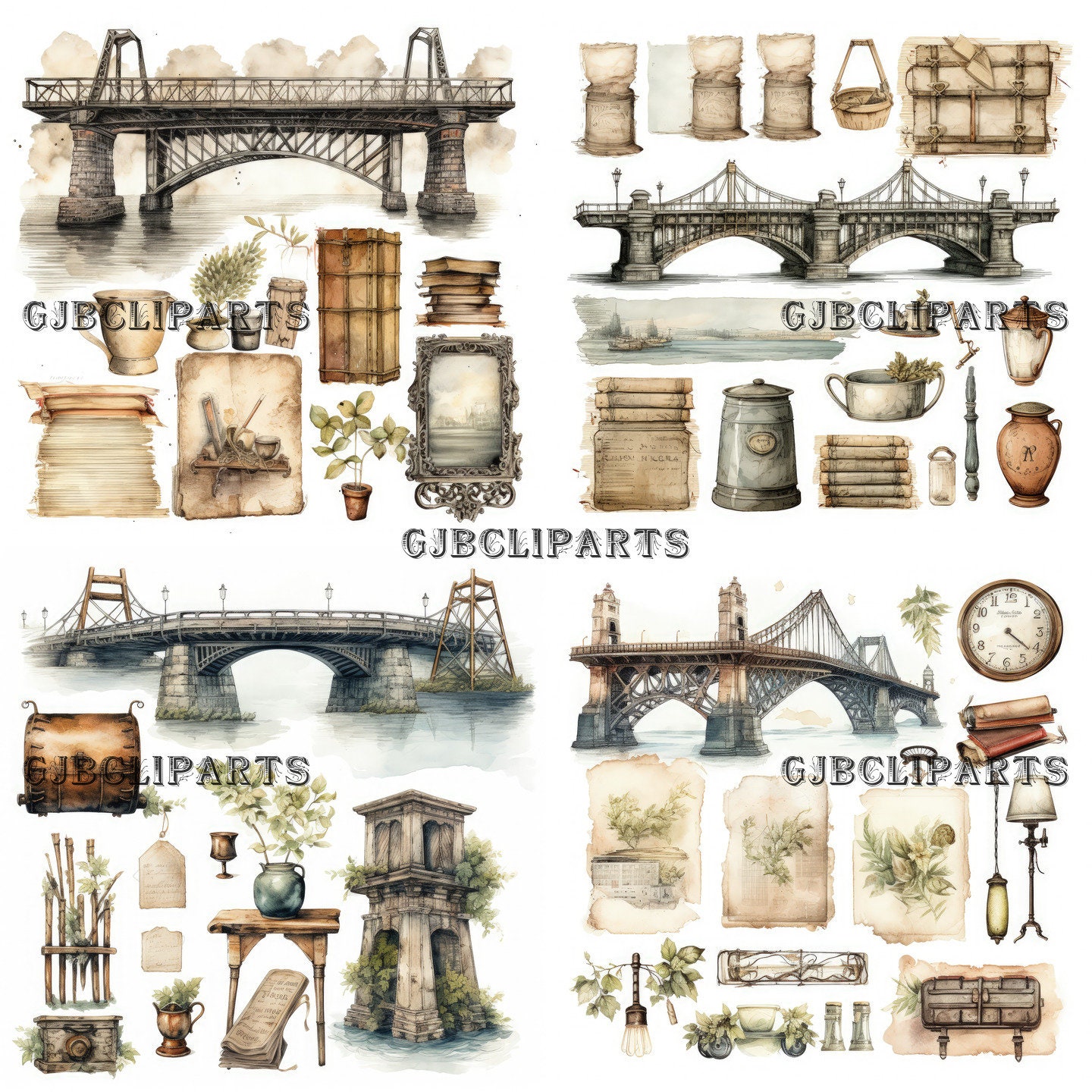 Vintage Bridge Junk Journal Kit, Collection on White Background ...