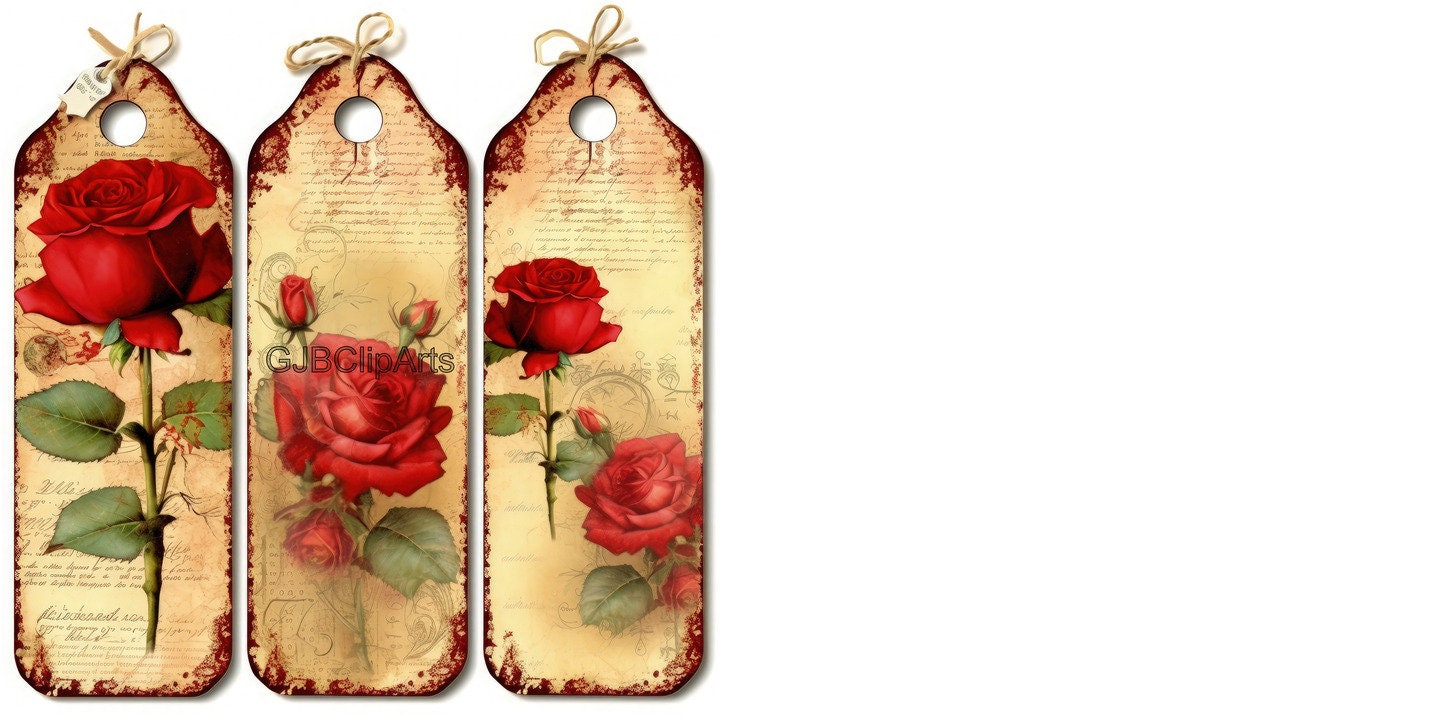 Red Rose Vintage Tag Clipart, Scrapbooking Supplies, Junk Journals ...