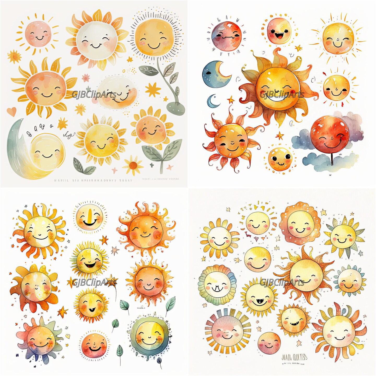 Whimsical Watercolor Sun Collection With Margins, Celestial Designs for ...
