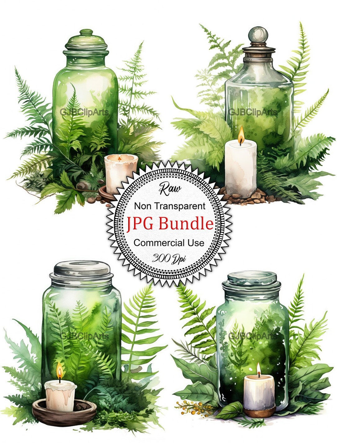 Green Jar Candle Clipart, Ferns and Potion Bottles Surroundings Clipart ...