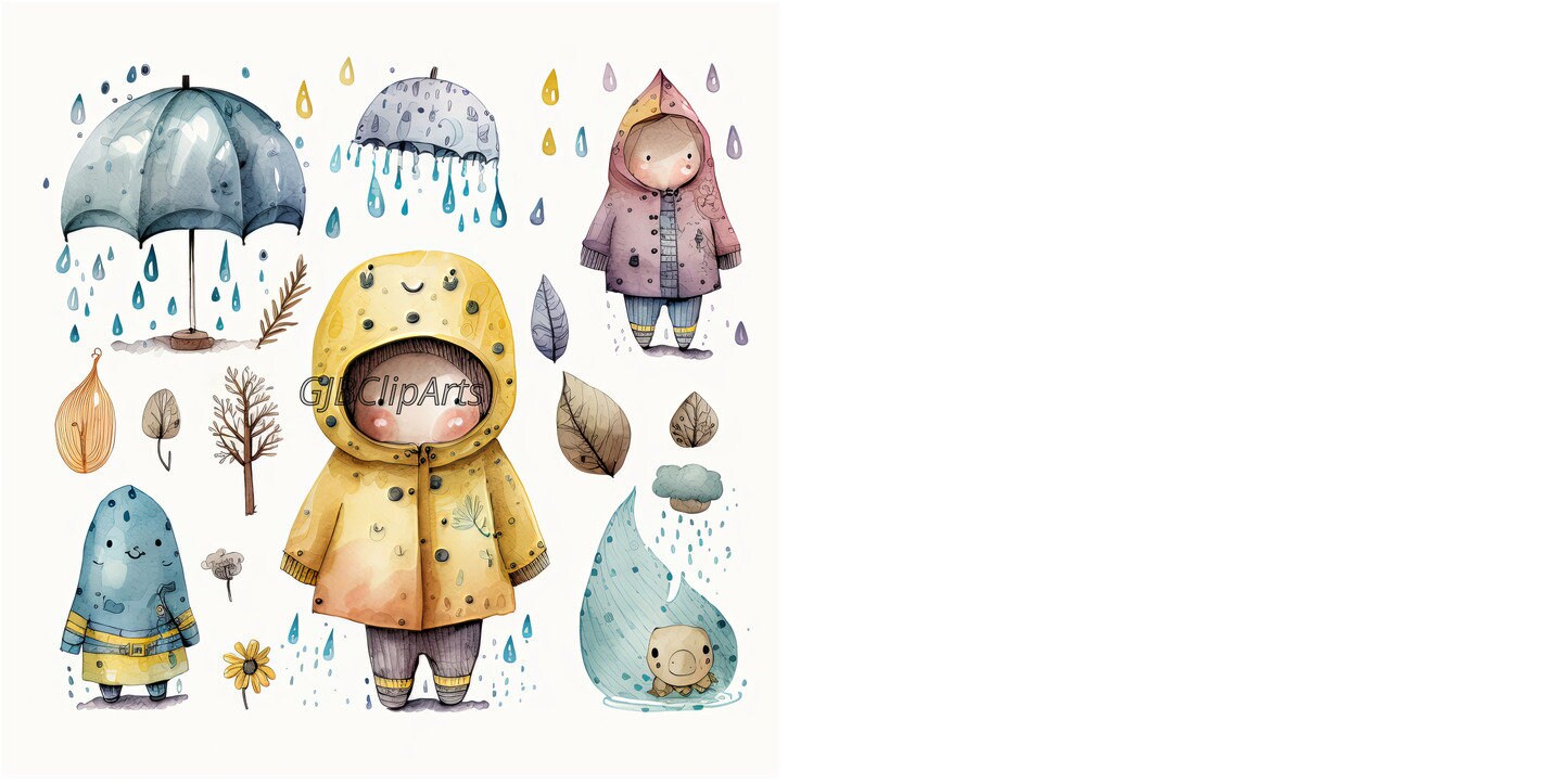 Whimsical Cartoon Collection Rain Gear Watercolor Clipart, Umbrellas ...