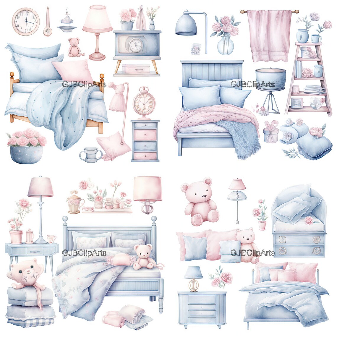 Cozy Girls Bedroom in Baby Blue and Pink Clipart, Bedroom Decor Clipart ...