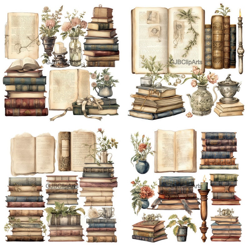 Vintage Books Junk Journal Kit Clipart ,open Book Clipart Bookmark ...
