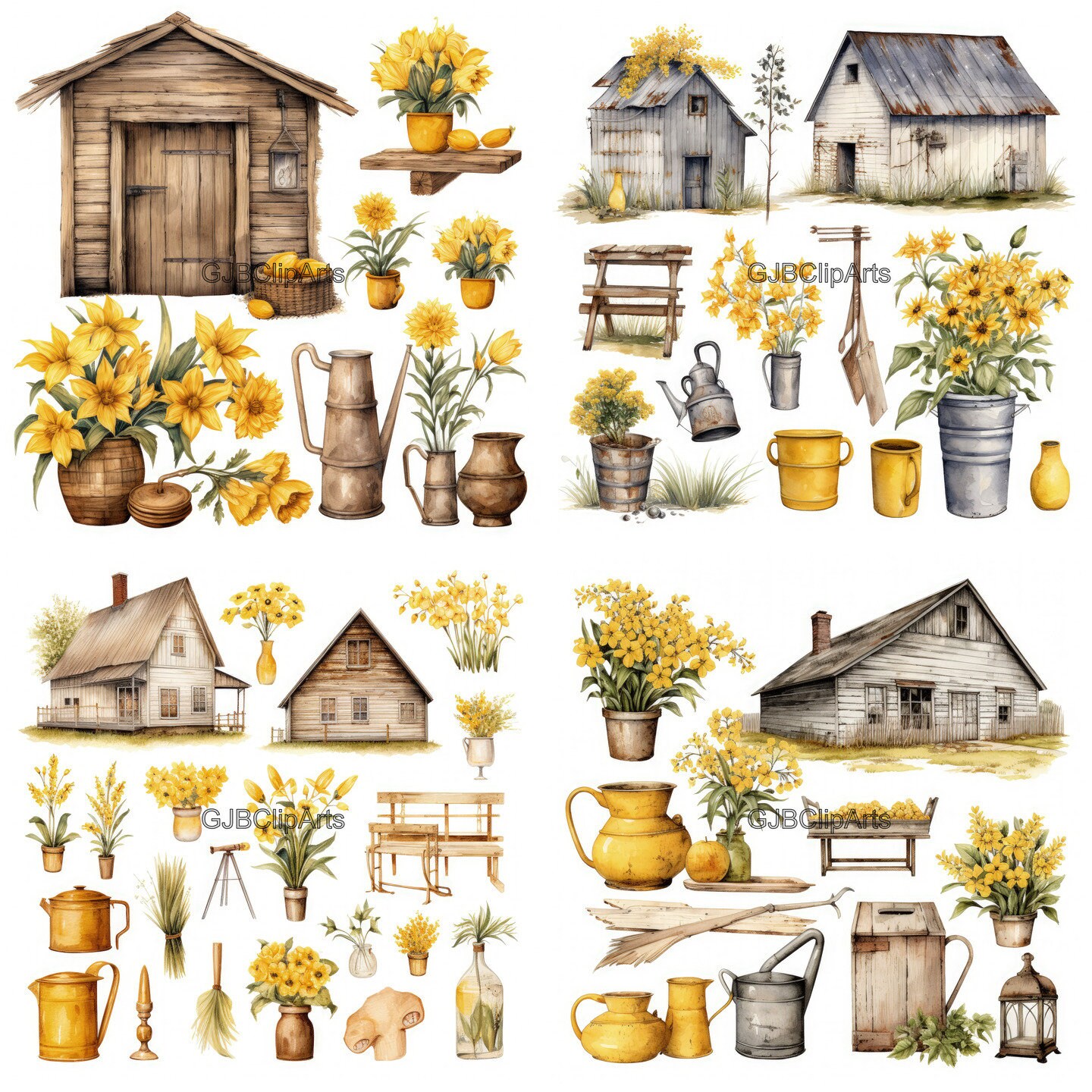 Vintage Yellow Farmhouse Decor Clipart,summer Designs,cottage Clipart ...