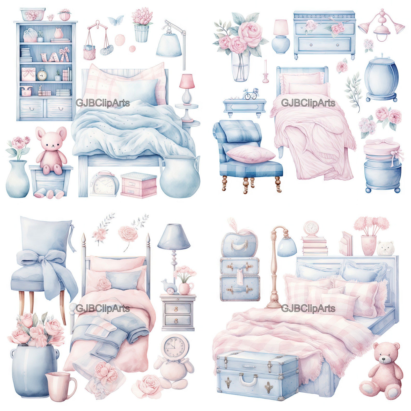 Cozy Girls Bedroom in Baby Blue and Pink Clipart, Bedroom Decor Clipart ...