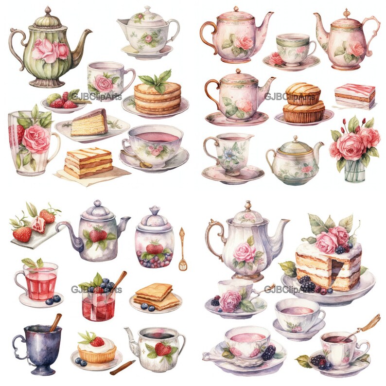 Vintage Shabby Chic Tea Party Clipart, Teapot Clipart, Cupcake Clipart ...