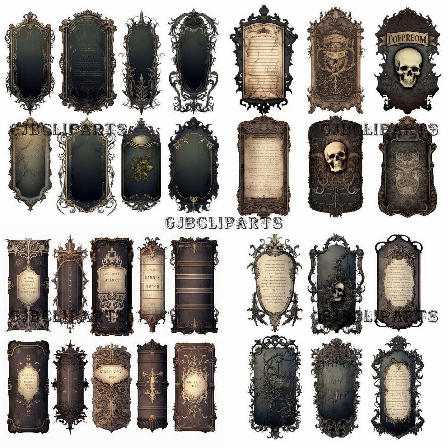 Dark Spooky Tall Ornate Labels, Junk Journal Book Vintage Clipart ...