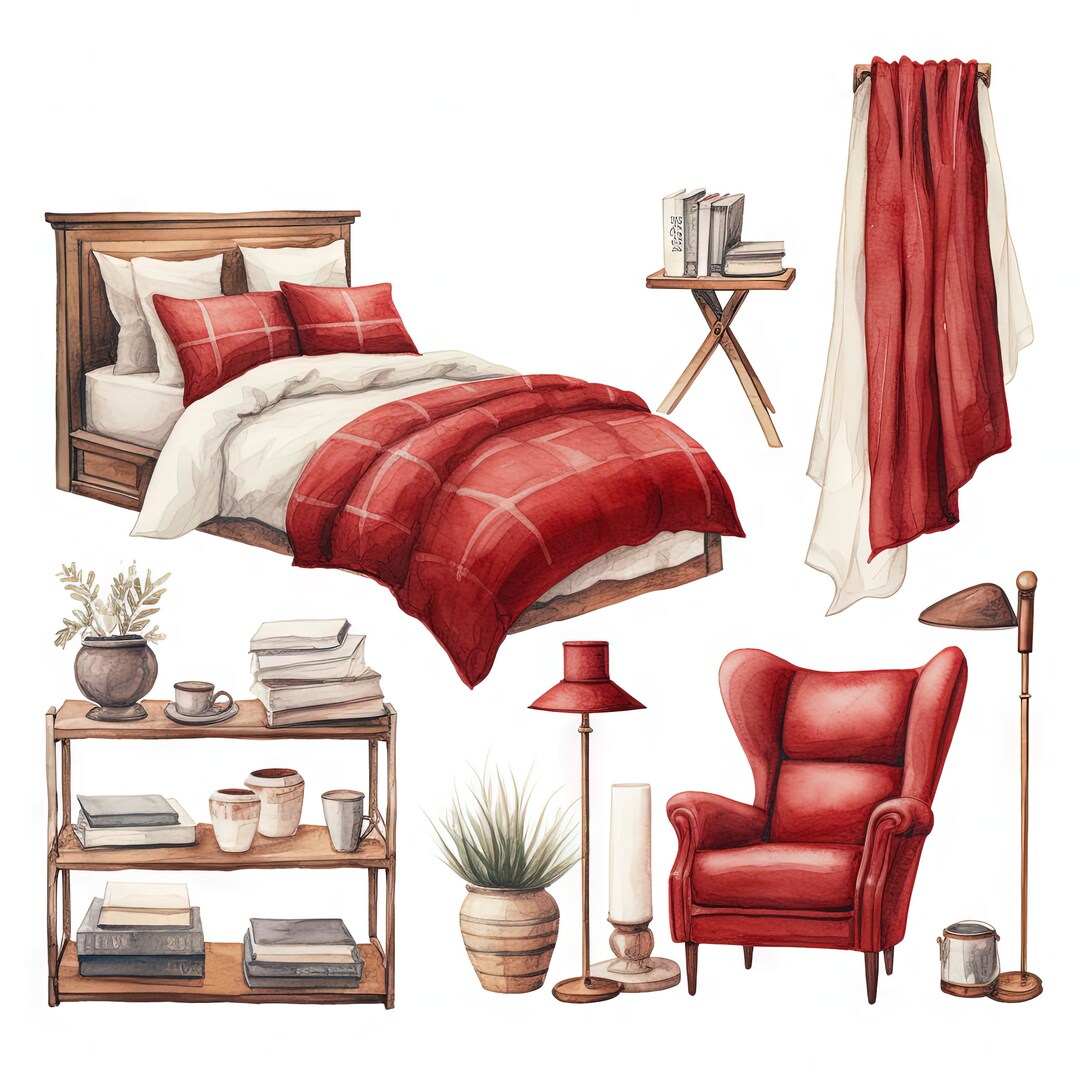 Bedroom in Red Clipart, Bedroom Decor Clipart,watercolor Bedroom ...
