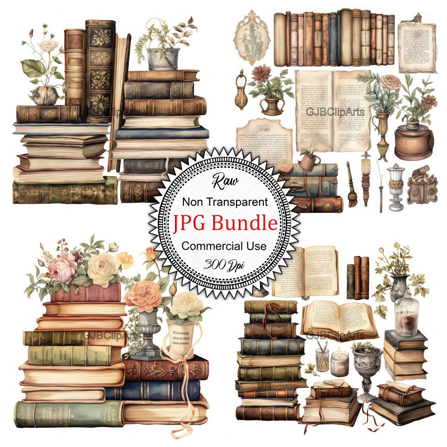 Vintage Books Junk Journal Kit Clipart ,open Book Clipart Bookmark ...