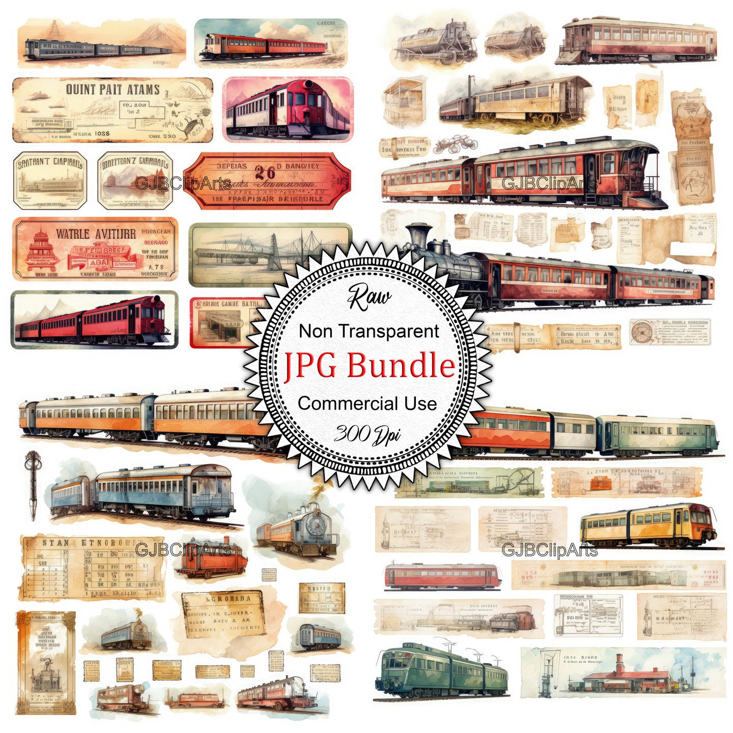 Old Time Train Clipart, Railway Tickets Elements Collection Clipart ...