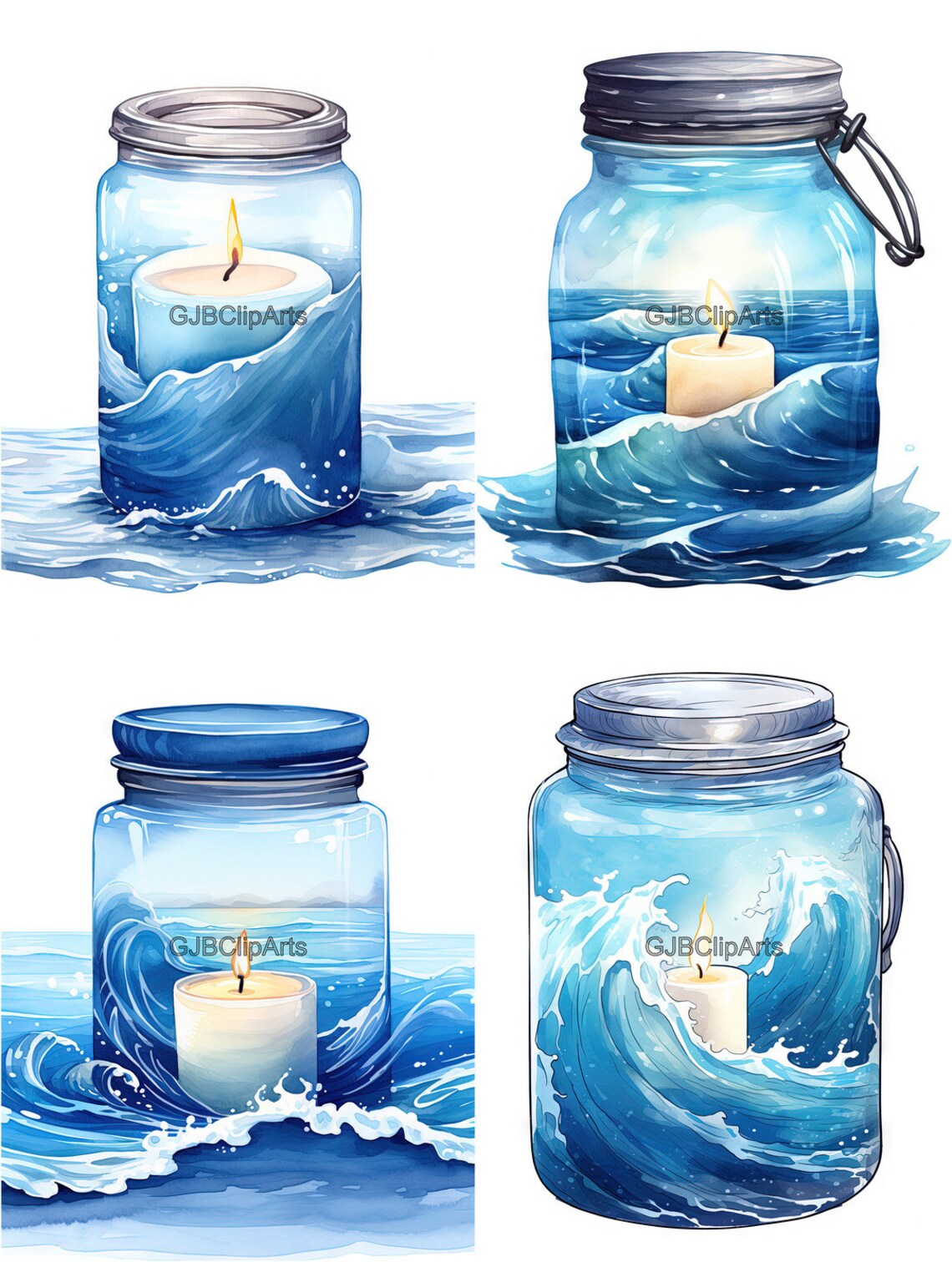 Blue Jar Candle Clipart, Beach and Ocean Waves Clipart, , Journaling ...
