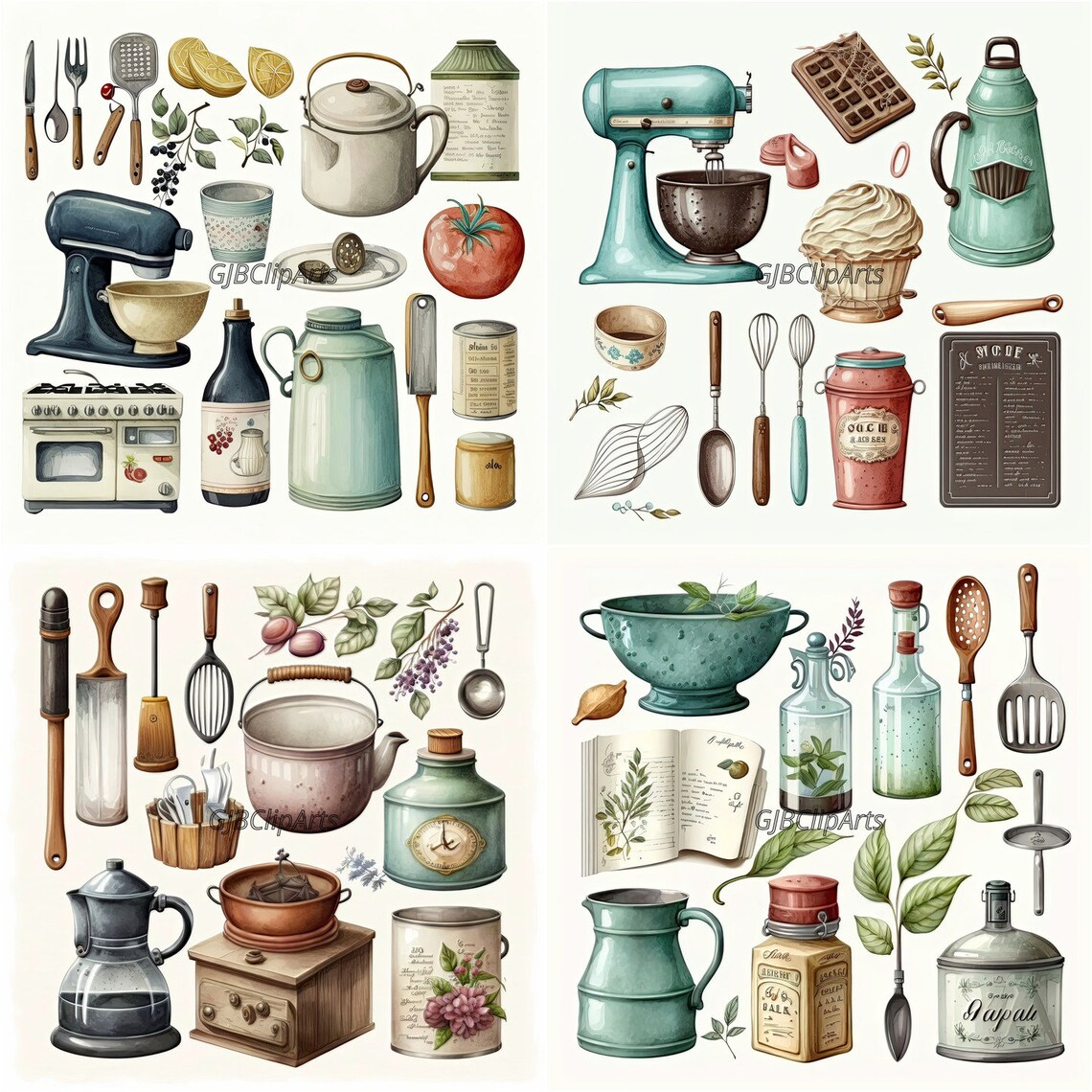 Charming Kitchen Tools Collection Clipart: Watercolor Utensils and ...