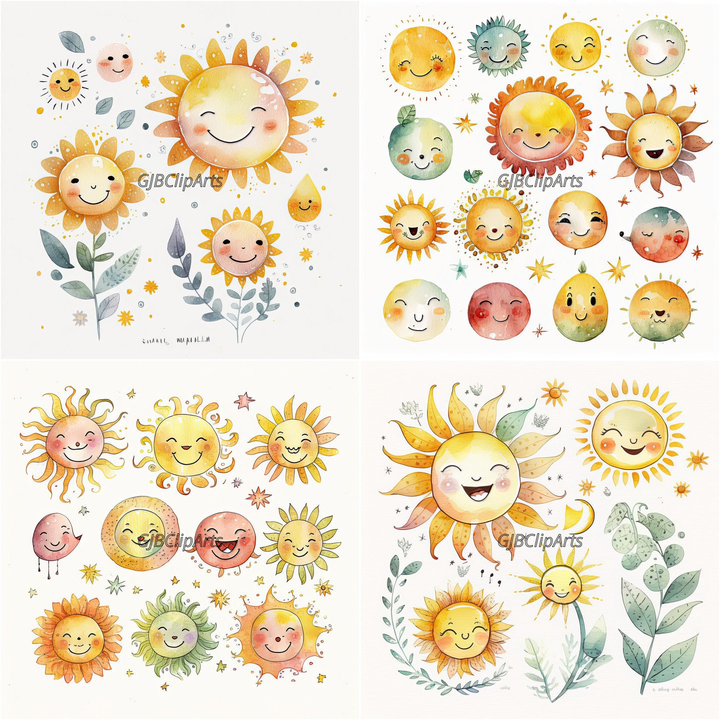 Whimsical Watercolor Sun Collection With Margins, Celestial Designs for ...
