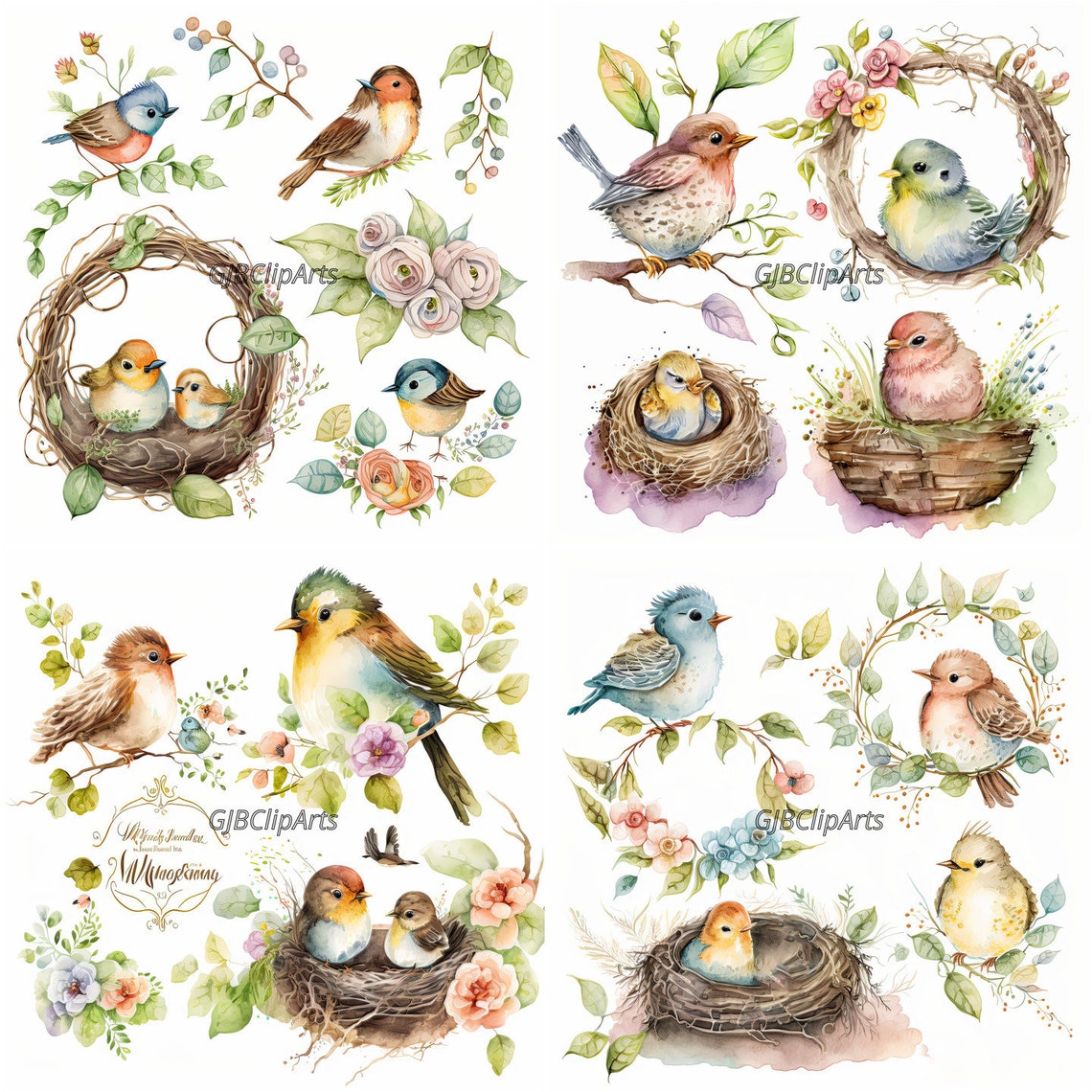 Baby Birds in a Nest Watercolor Collection: Charming Clip Art Designs ...