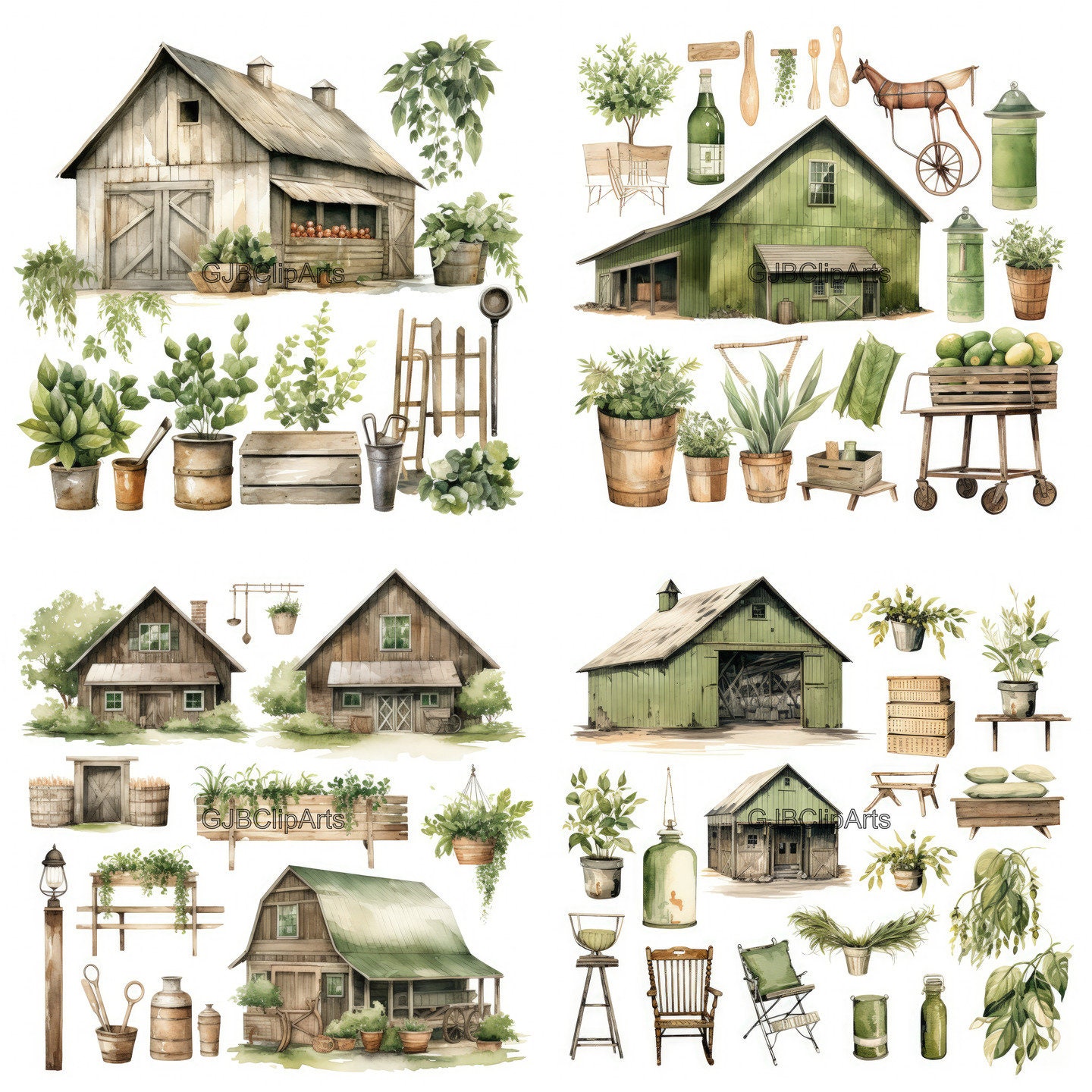 Vintage Natural Green Farmhouse Decor Collection Clipart - Etsy