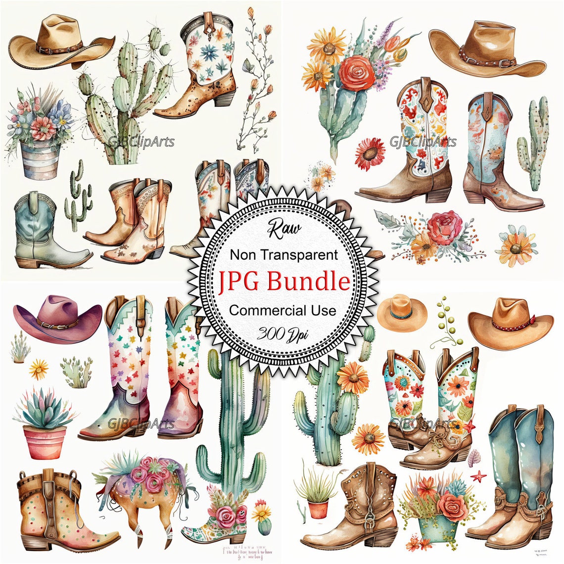 Rustic Cowgirl Boots Watercolor Collection: Clip Art Designs for ...