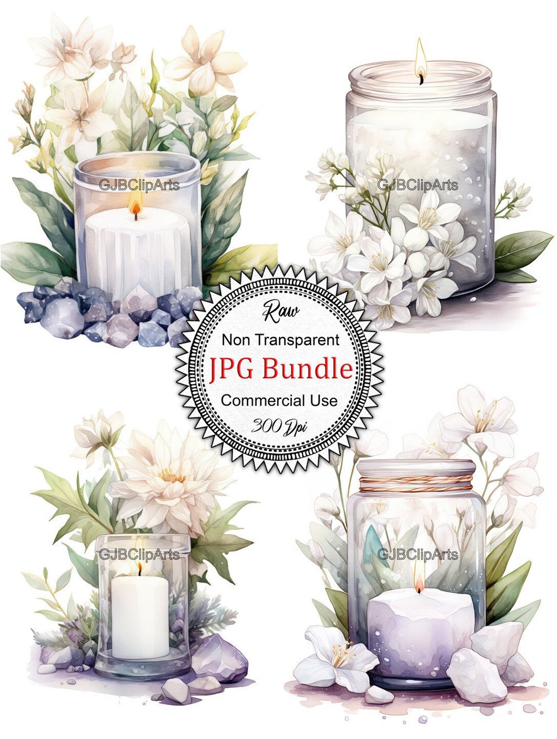 White Jar Candle Clipart Bundle, White Flowers Surroundings Clipart ...