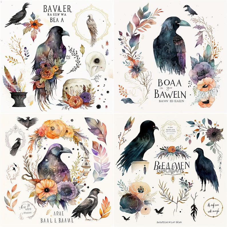 Dark Boho Whimsical Raven Edgar Allan Poe Halloween Watercolor Clip Art Collection, Spooky Decor ...