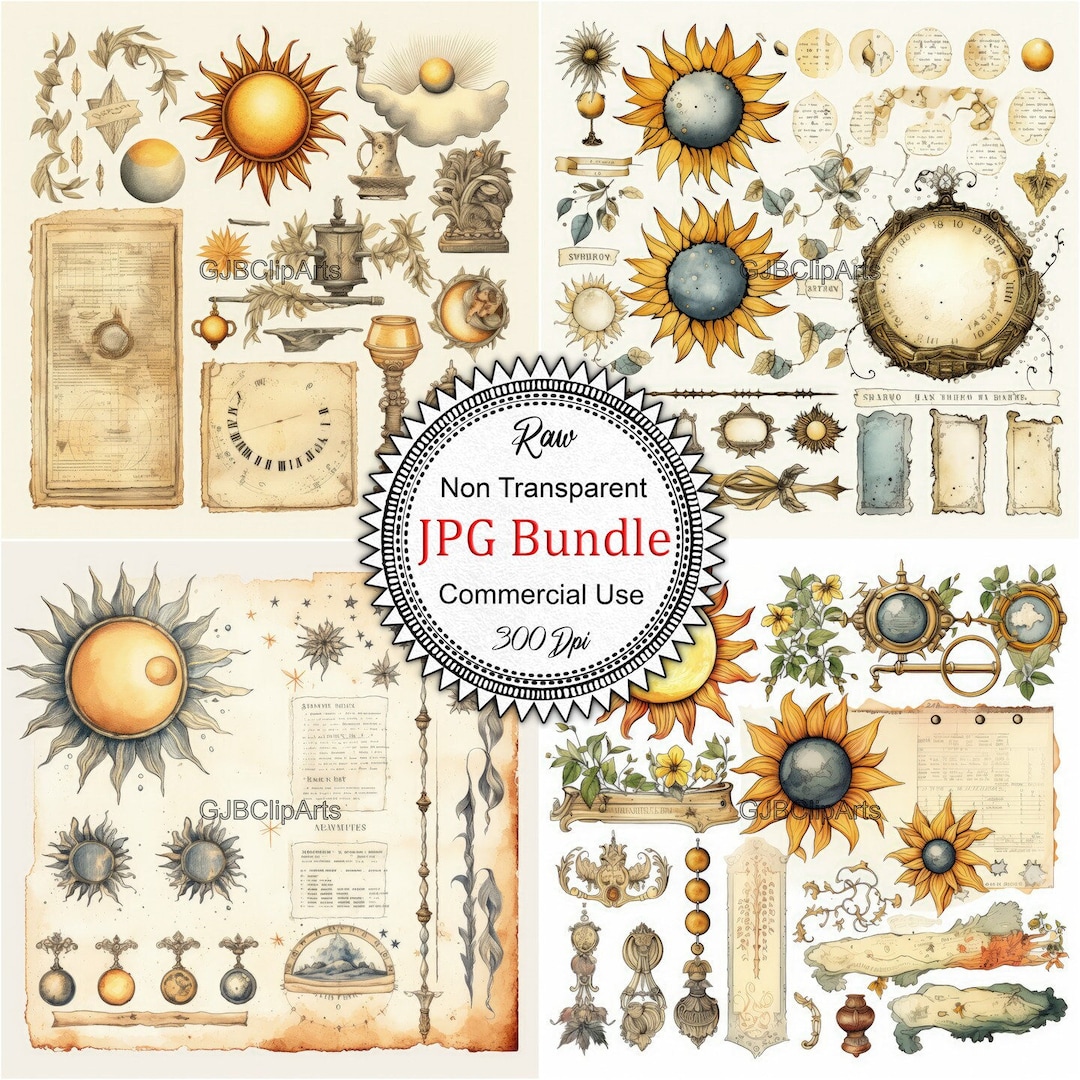Vintage Sun and Moon Junk Journal Kit Clipart, Sun Clipart Moon Clipart ...