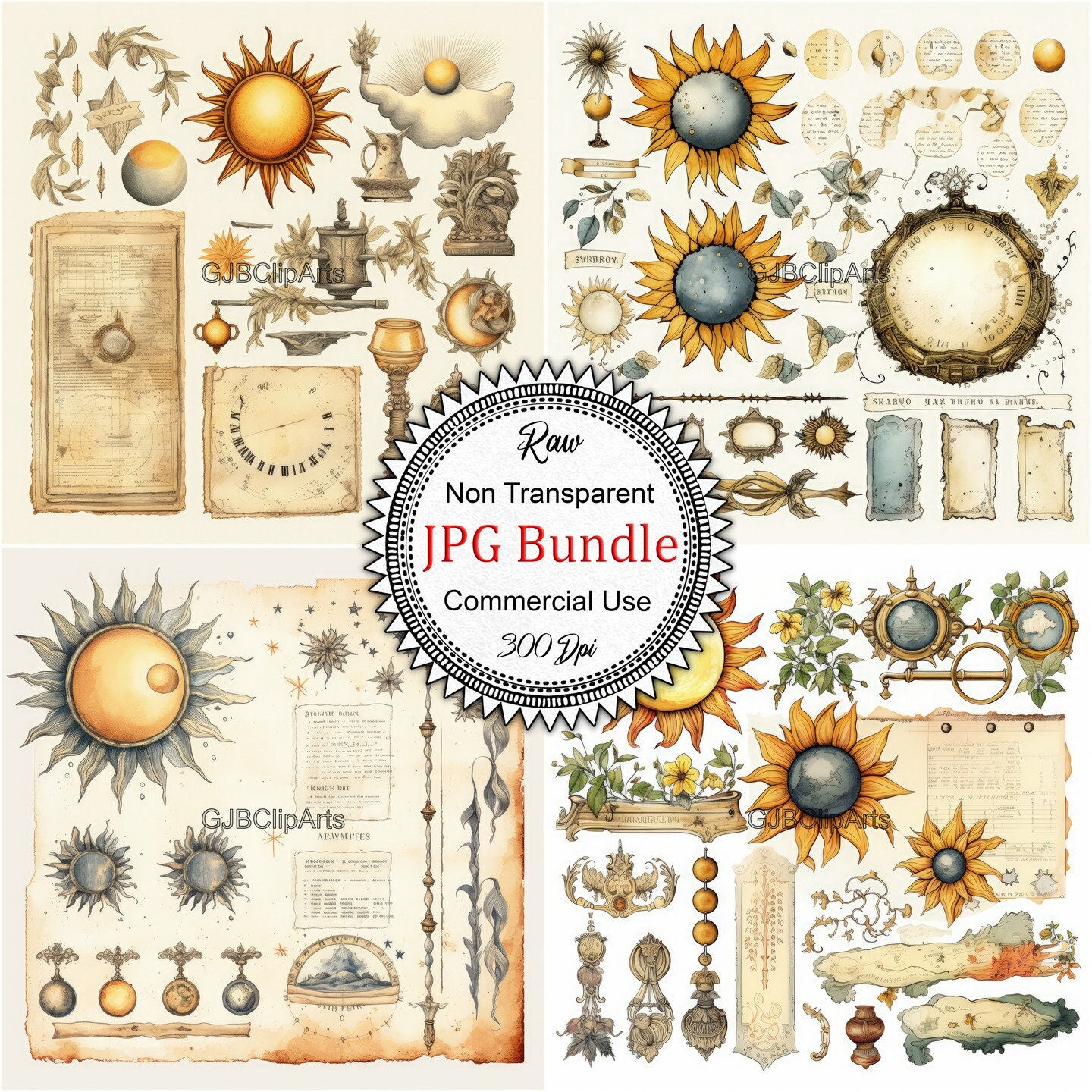 Vintage Sun and Moon Junk Journal Kit Clipart, Sun Clipart Moon Clipart ...
