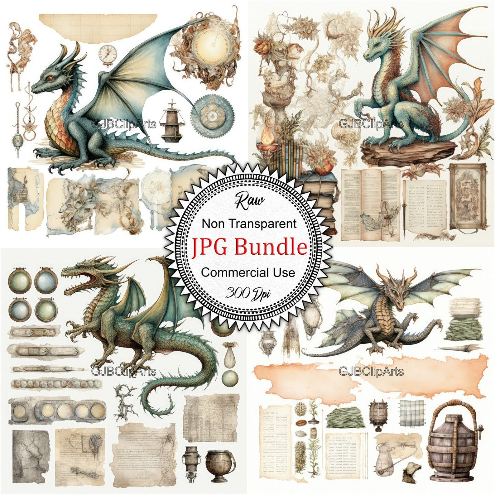Vintage Shabby Dragon Junk Journal Kit Clipart, Dragon Clipart Castle ...