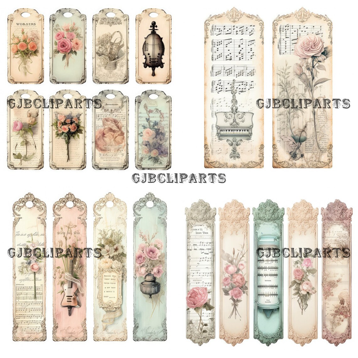 Shabby Chic Music Tall Ornate Labels Clipart, Junk Journal Book Clipart ...