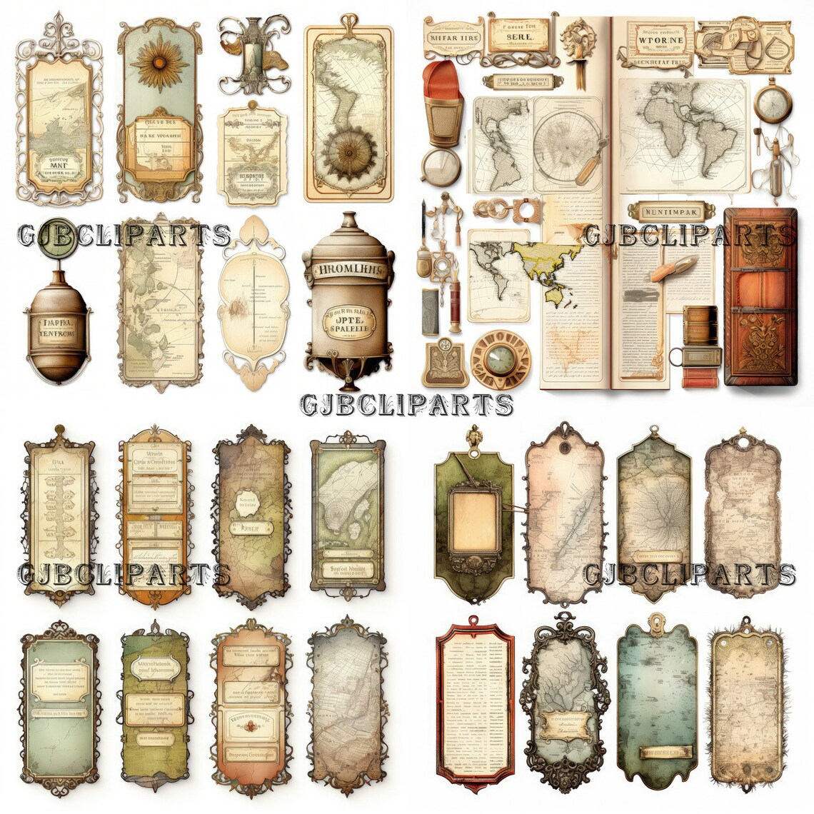 Maps Tall Ornate Labels Clipart, Junk Journal Book Clipart, Vintage ...