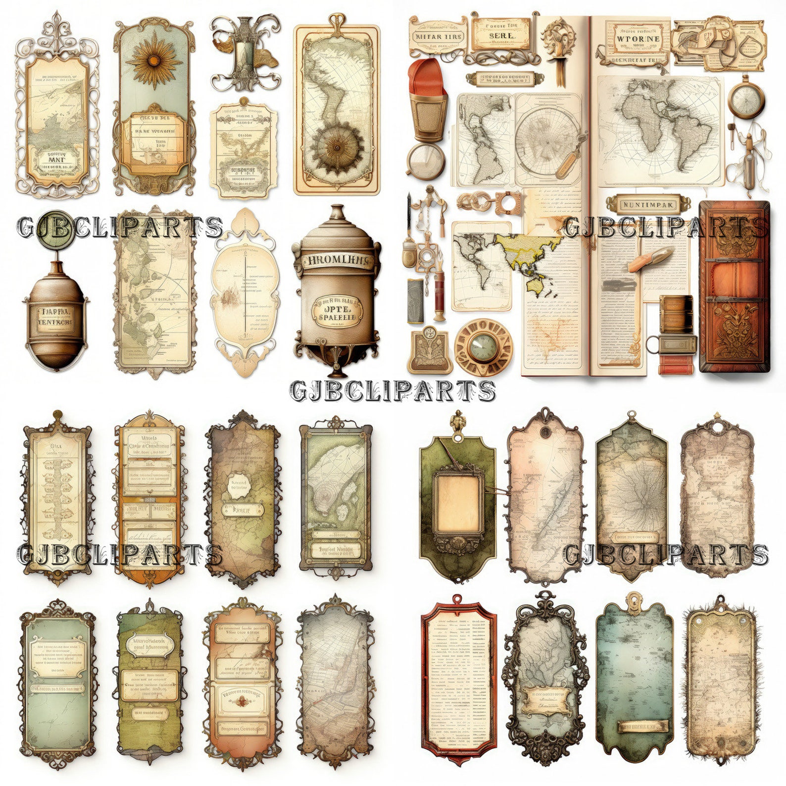 Maps Tall Ornate Labels Clipart, Junk Journal Book Clipart, Vintage ...