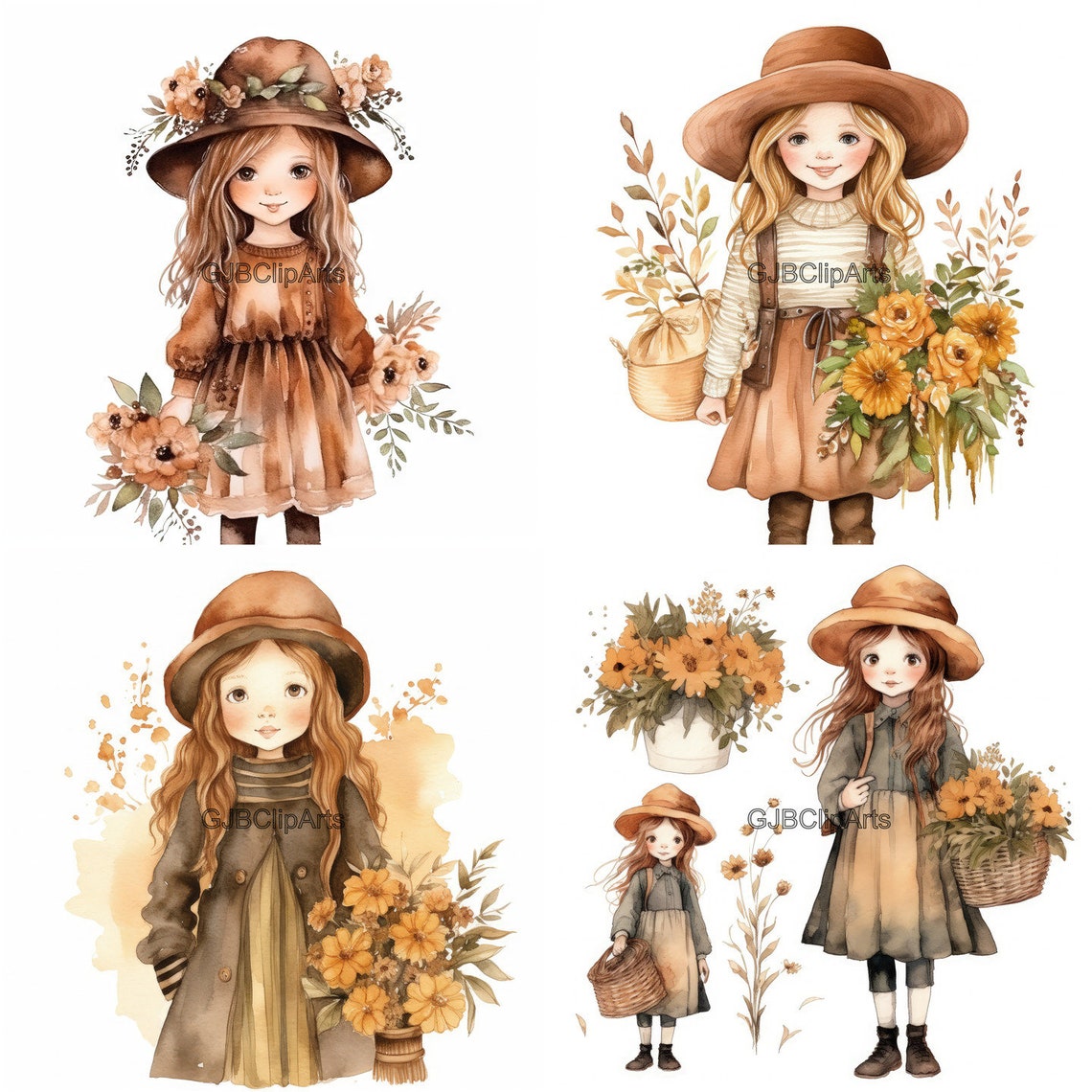 Watercolor Holly Hobbie Girl in Brown Dress Clipart, , Scrapbook Album ...