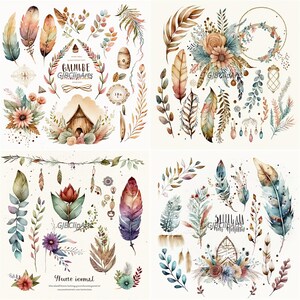 Cute Boho Collection: Watercolor Flowers, Leaves, Feathers Clipart ...