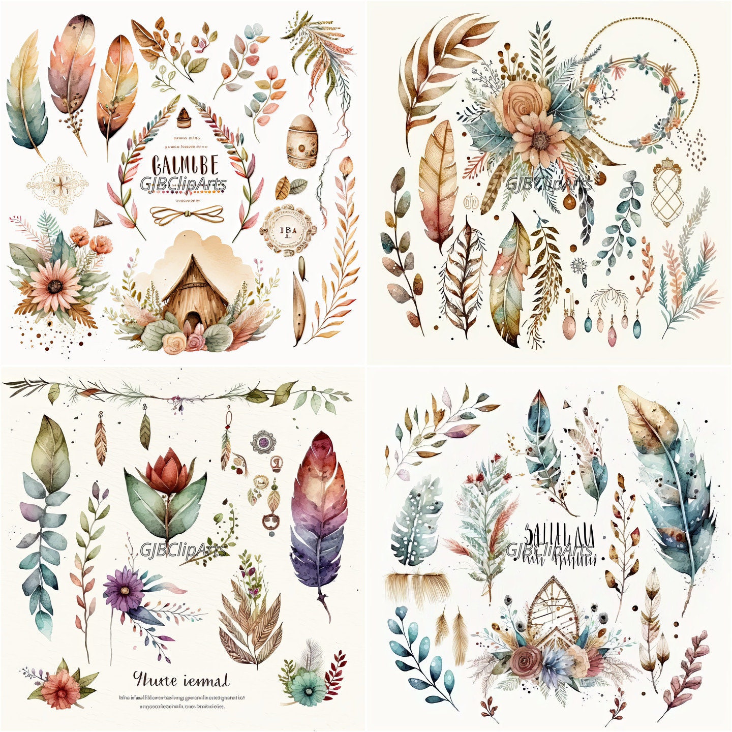 Cute Boho Collection: Watercolor Flowers, Leaves, Feathers Clipart ...