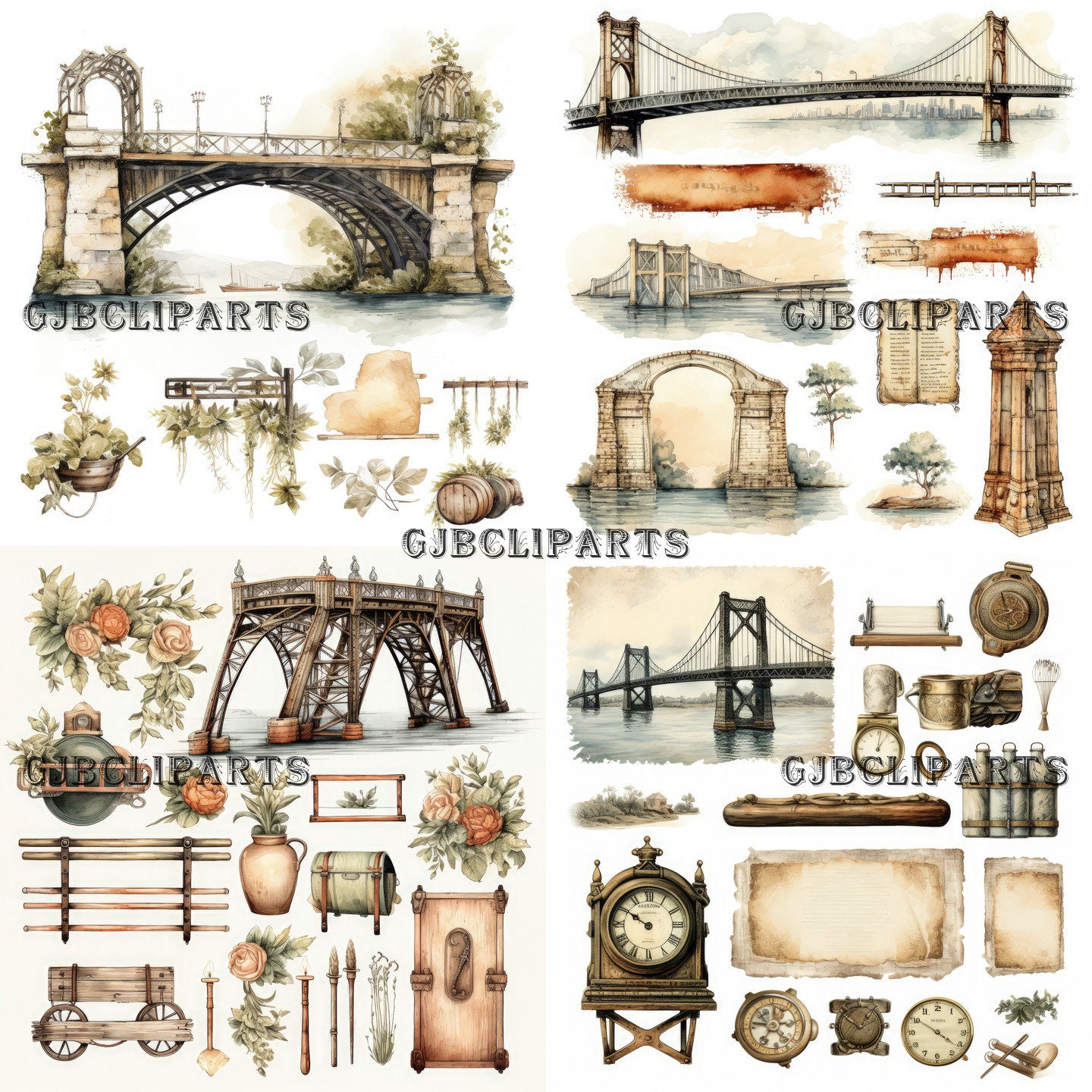 Vintage Bridge Junk Journal Kit, Collection on White Background ...