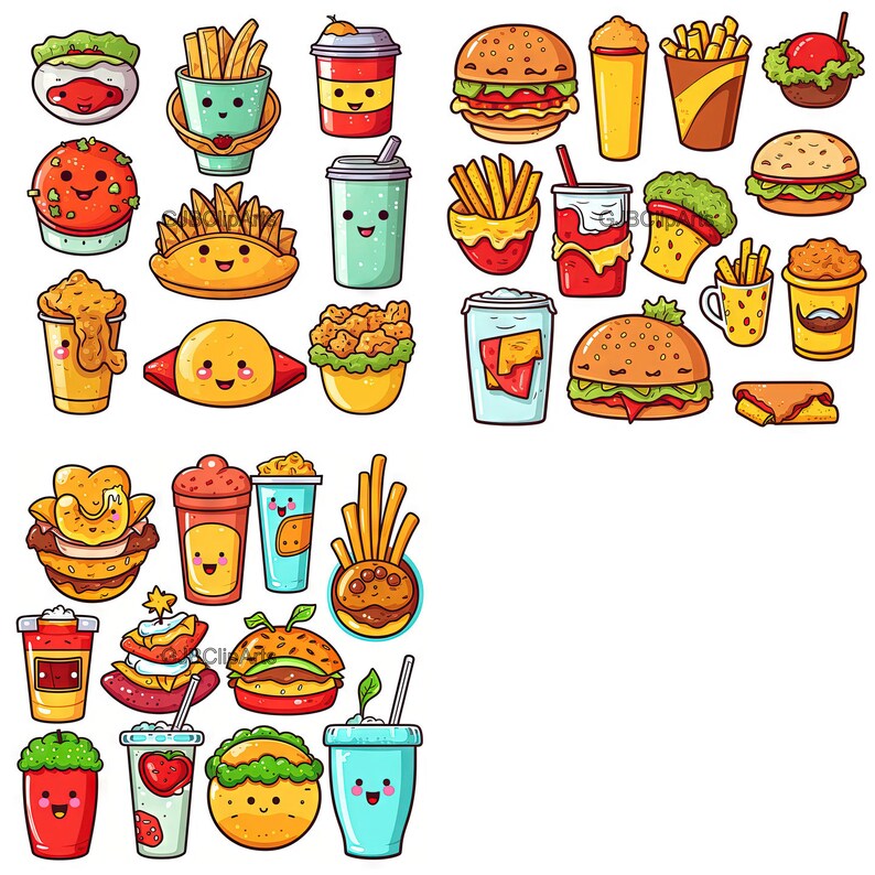 Fast Food Clipart Kawaii Fast Food Digital Stickers - Etsy