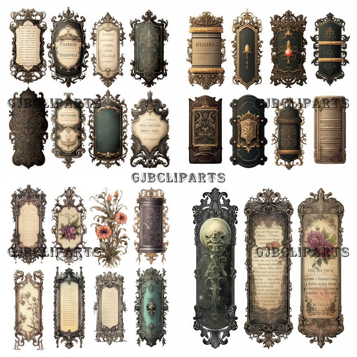Gothic Clipart Tall Ornate Labels, Junk Journal Book Vintage Clipart ...