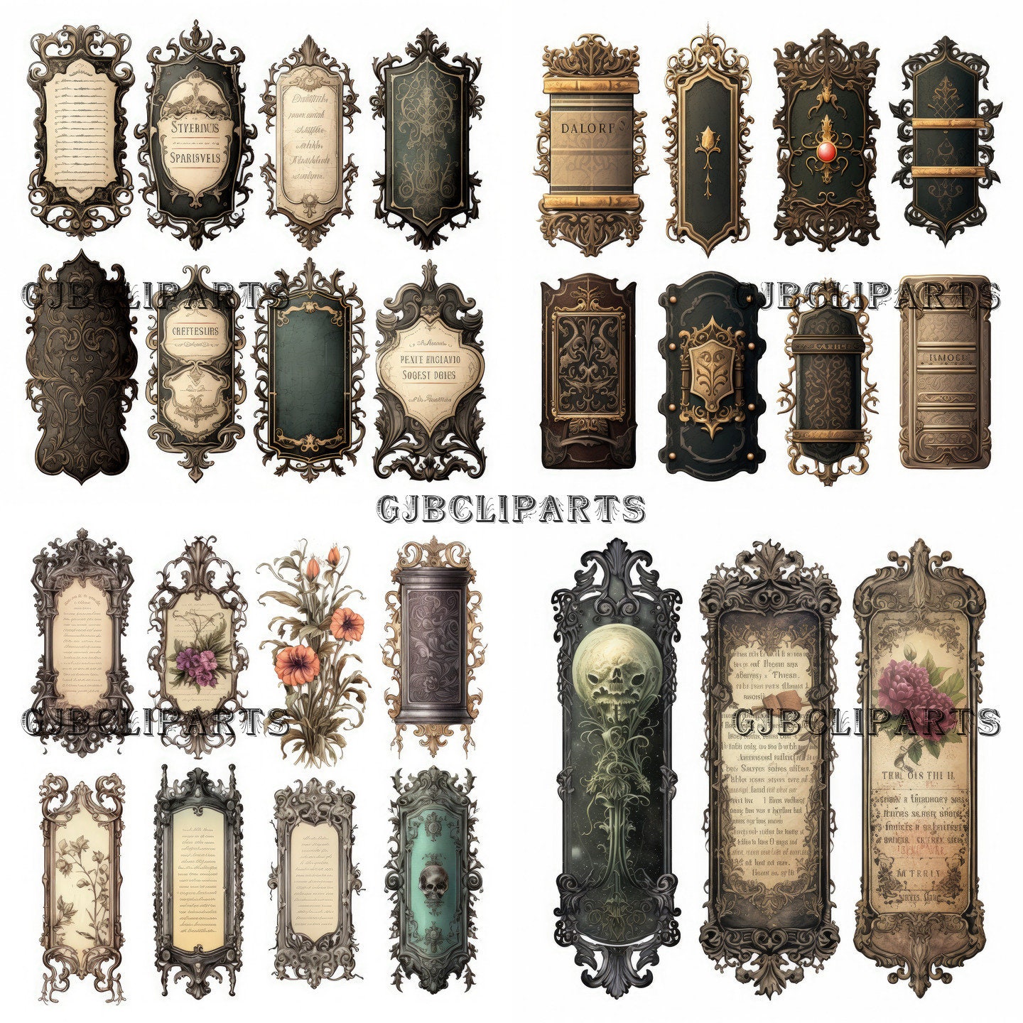 Gothic Clipart Tall Ornate Labels, Junk Journal Book Vintage Clipart ...