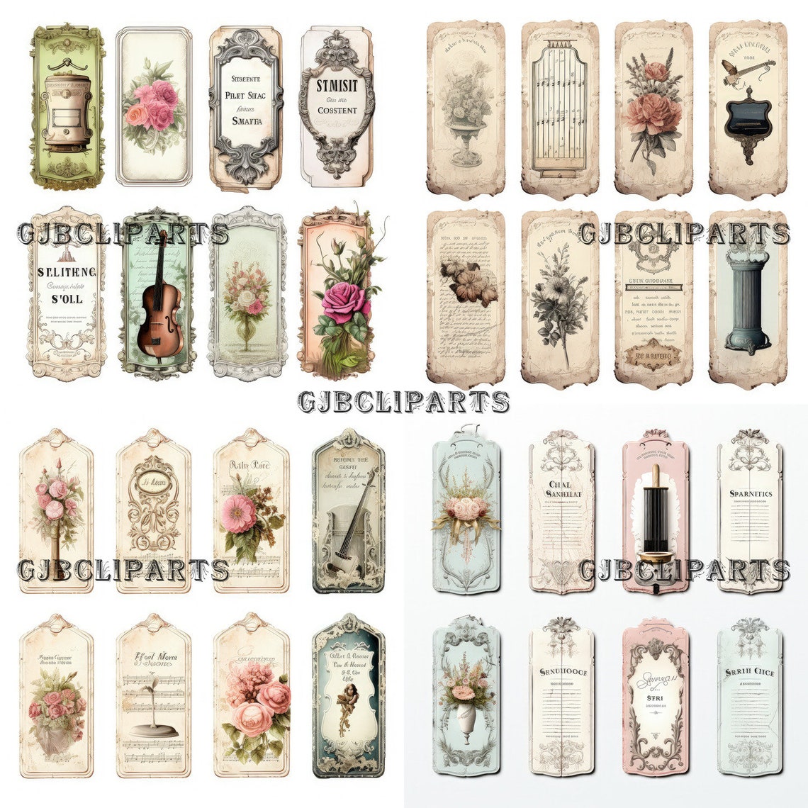 Shabby Chic Music Tall Ornate Labels Clipart, Junk Journal Book Clipart ...
