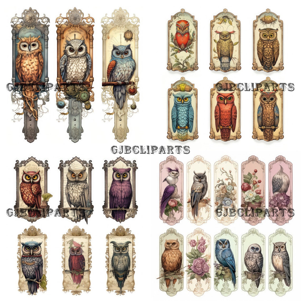 Whimsical Owls Clipart Tall Ornate Labels Clipart, Junk Journal Book ...