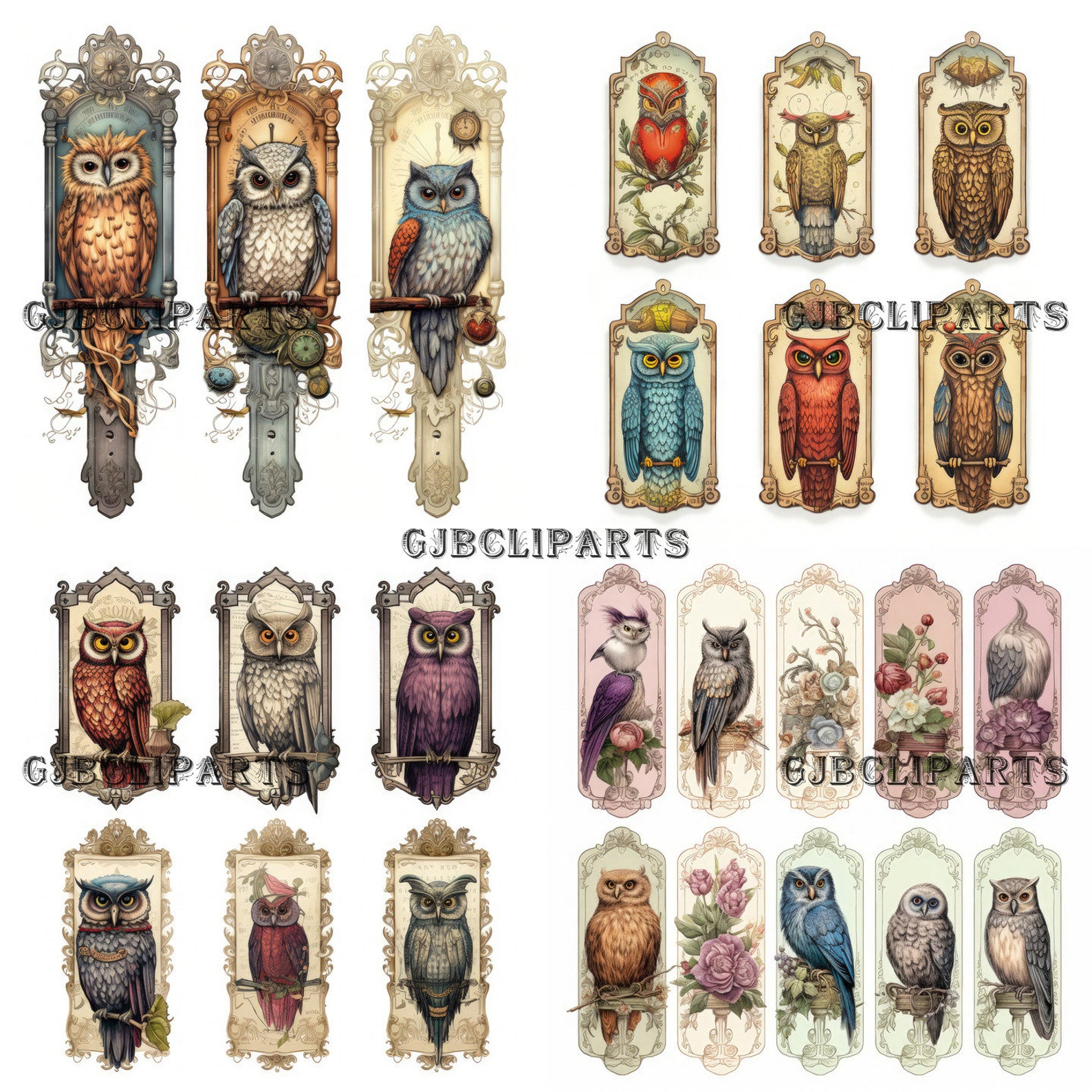 Whimsical Owls Clipart Tall Ornate Labels Clipart, Junk Journal Book ...