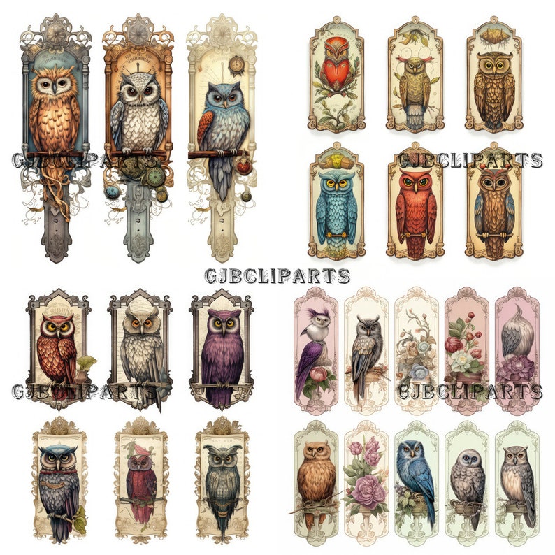 Whimsical Owls Clipart Tall Ornate Labels Clipart, Junk Journal Book ...