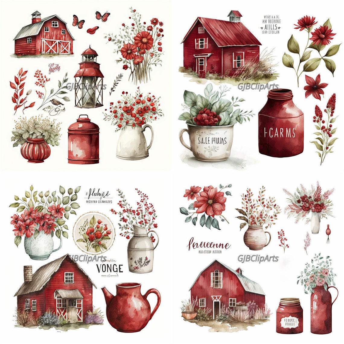 Rustic Red Farmhouse Decor Clipart: Watercolor Home Elements ...