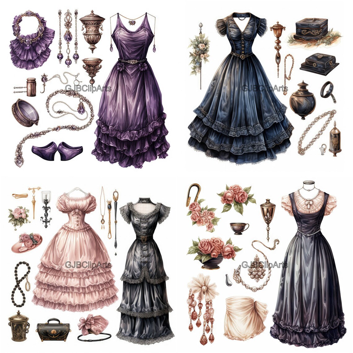 Classic Victorian Dress and Accessories Clipart, Victorian Fashion ...