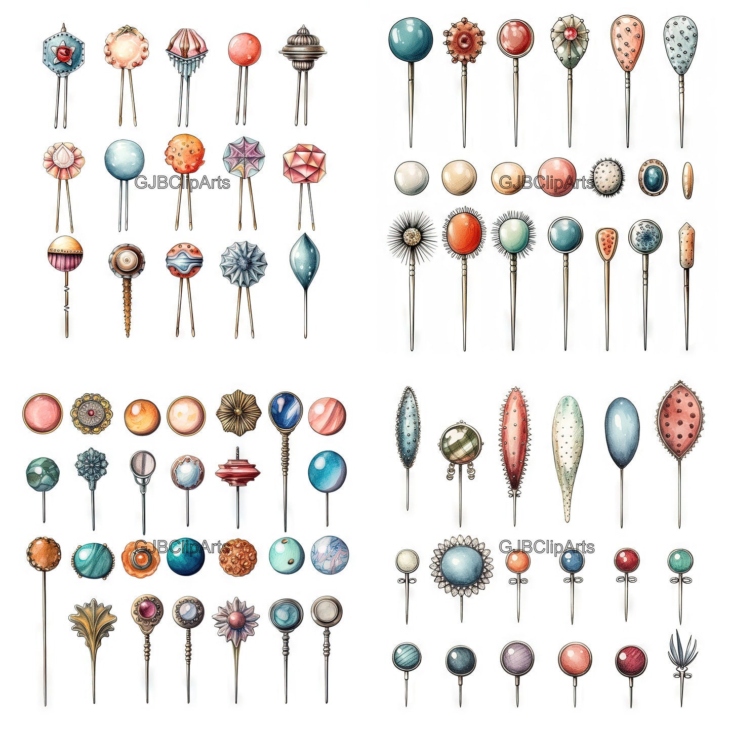 A Vintage Collection of Pins on a White Background ,digital Clipart ...