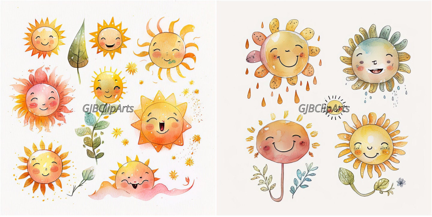 Whimsical Watercolor Sun Collection With Margins, Celestial Designs for ...